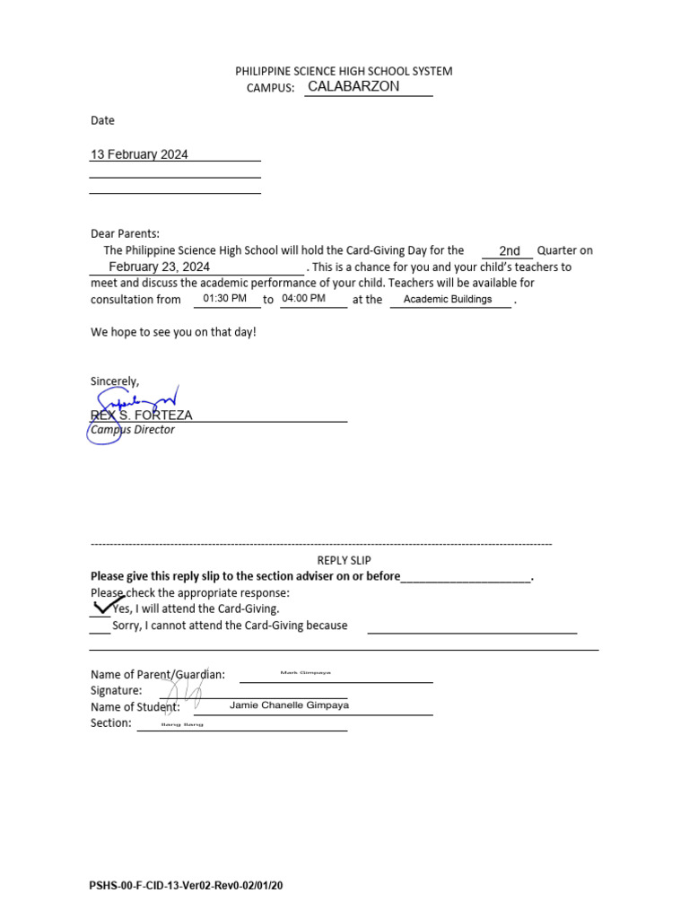 SIGNED Letter To Parent With Reply Slip 2nd Quarter | PDF