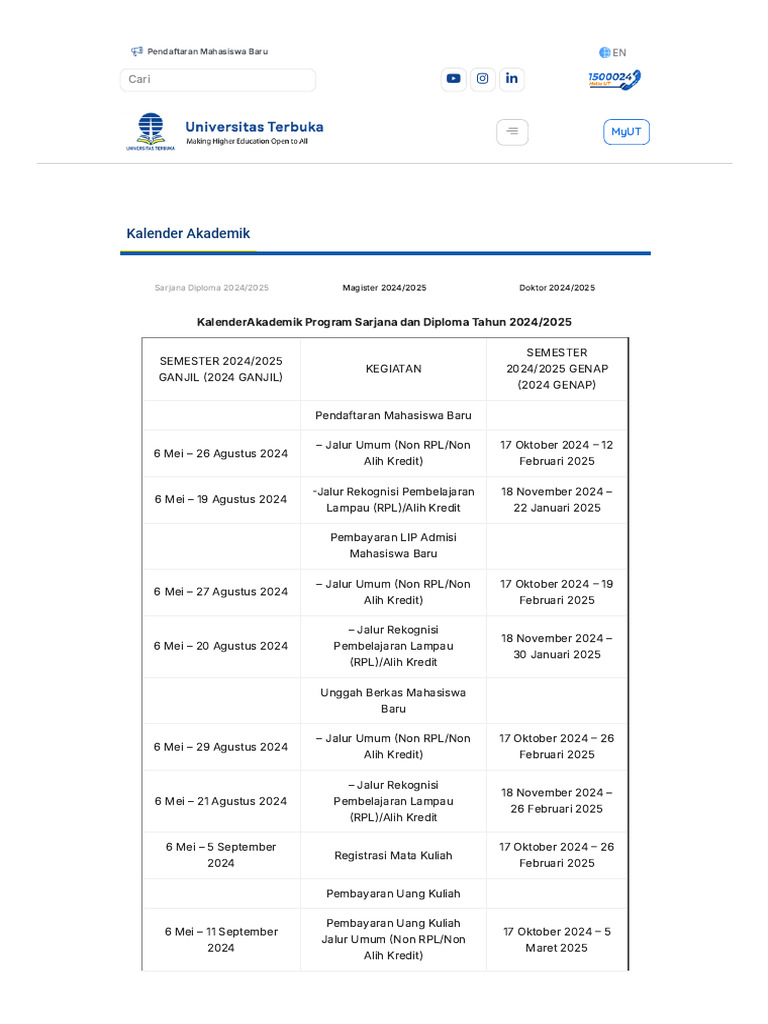 Kalender Akademik UT 2024/2025 | PDF