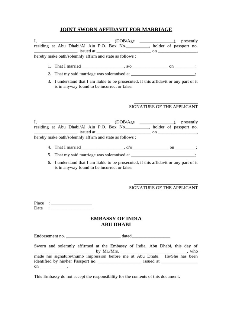 Joint Sworn Affidavit For Marriage | PDF
