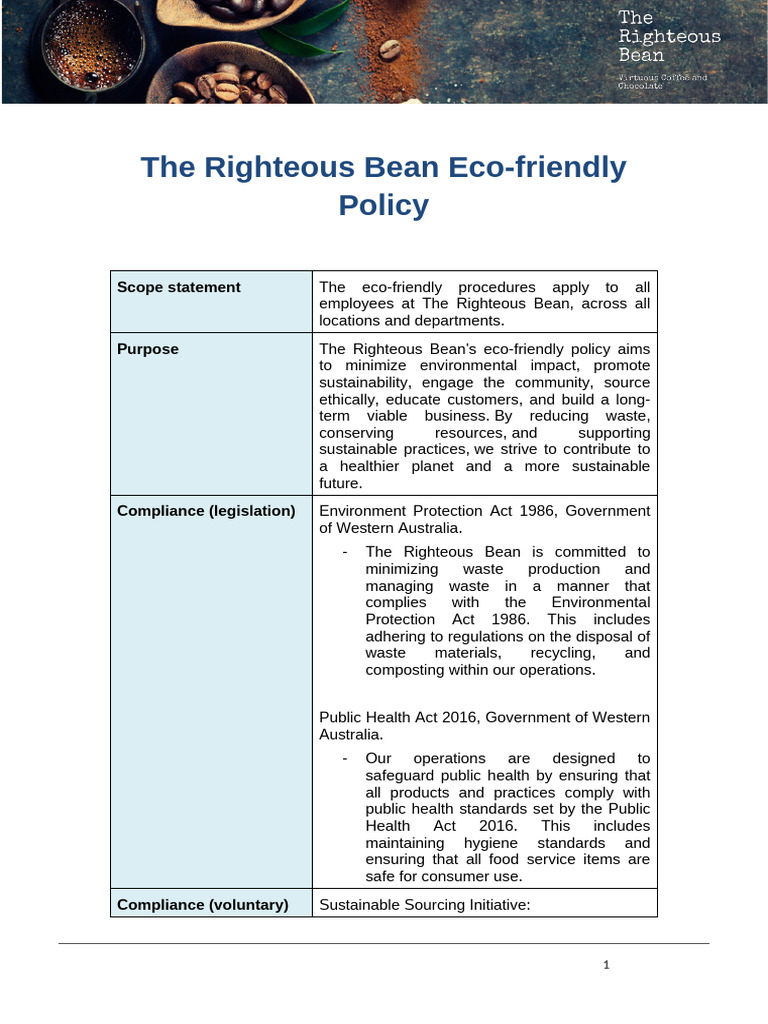 The Righteous Bean Eco-Friendly Policy | PDF | Sustainability | Economies