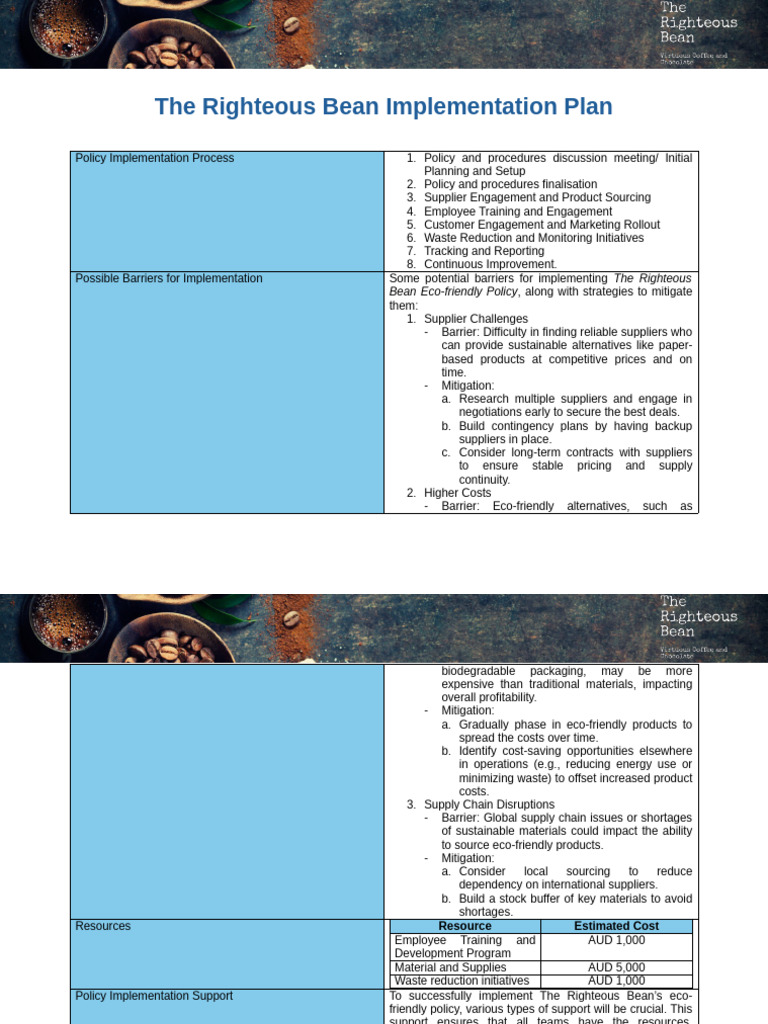 The Righteous Bean Implementation Plan | PDF | Supply Chain | Climate ...