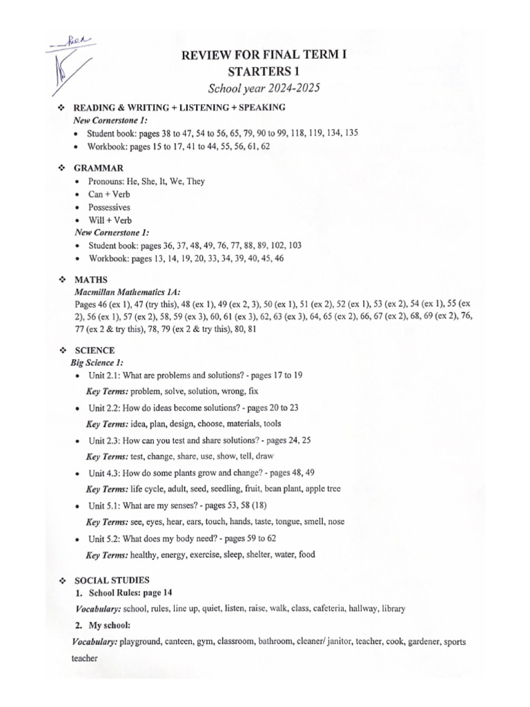 Review Final Term 1 Starters 1 | PDF