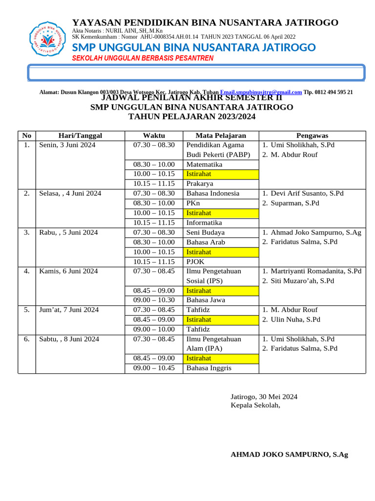 Jadwal Ujian Akhir SMP Bina Nusantara | PDF