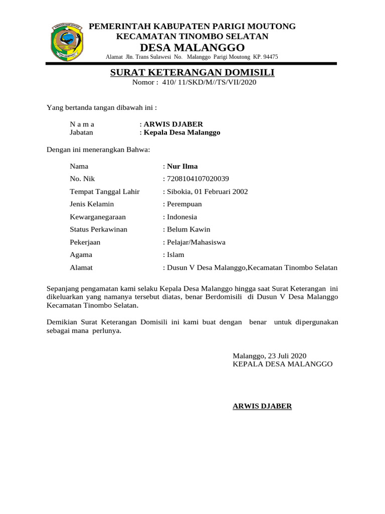 Surat Keterangan Domisili Malanggo | PDF