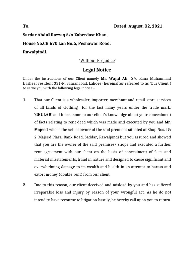 Legal Notice for Rent Dispute | PDF | Common Law | Justice
