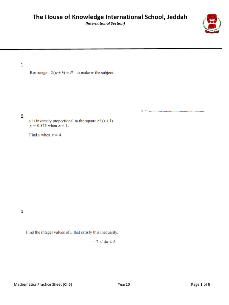 Year 10 Algebra Practice Sheet | PDF