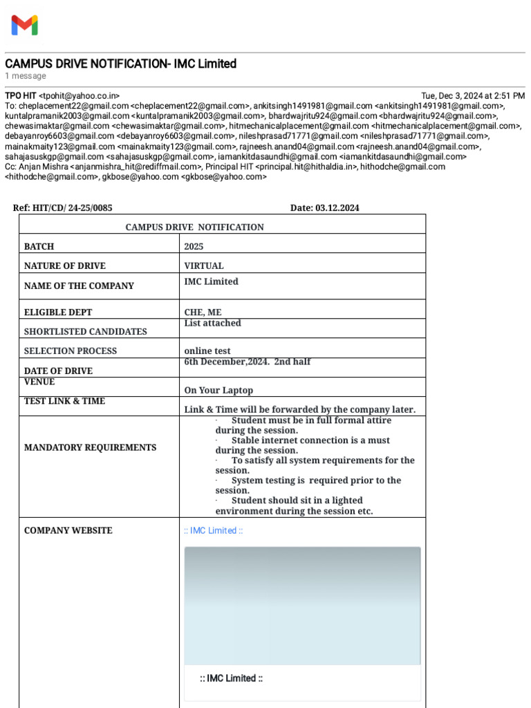 Gmail - Campus Drive Notification - Imc Limited | PDF | Computing | Network Service