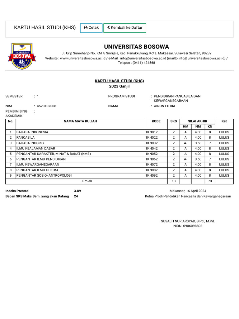 KARTU HASIL STUDI (KHS) (1) | PDF