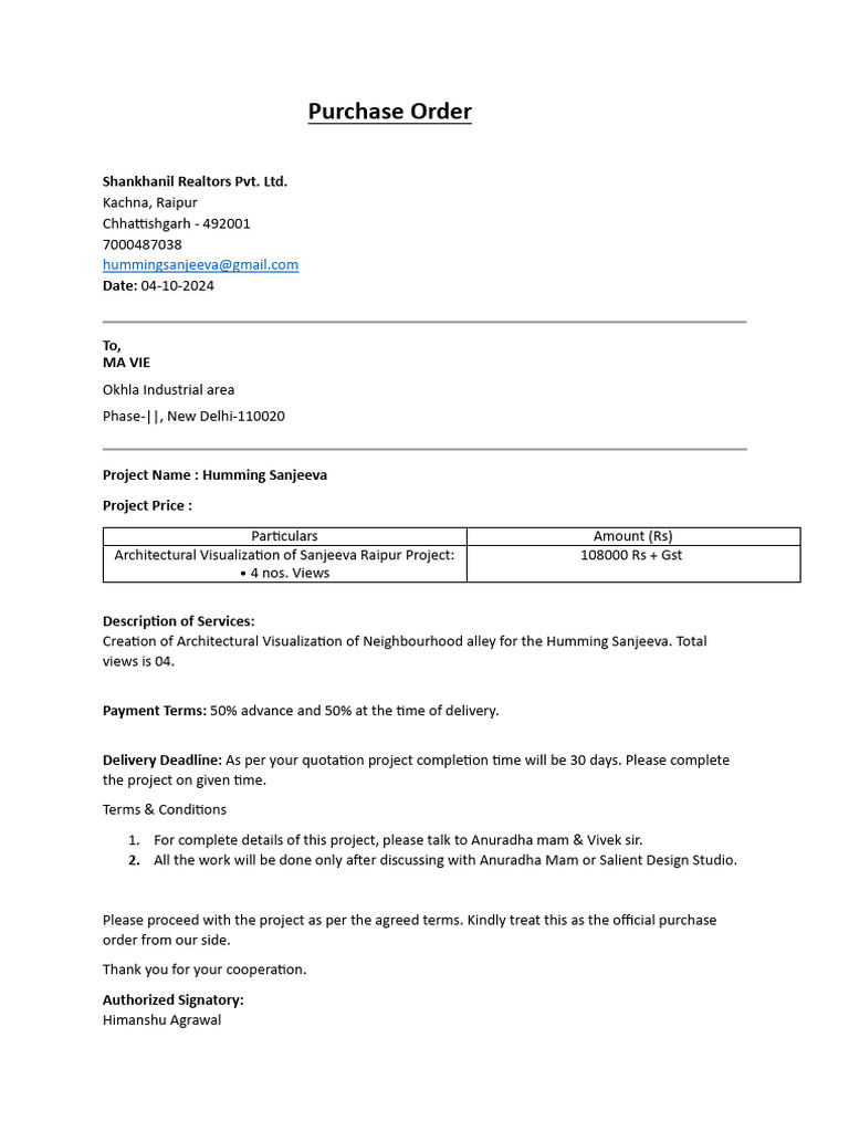 Purchase Order Humming Sanjeeva | PDF