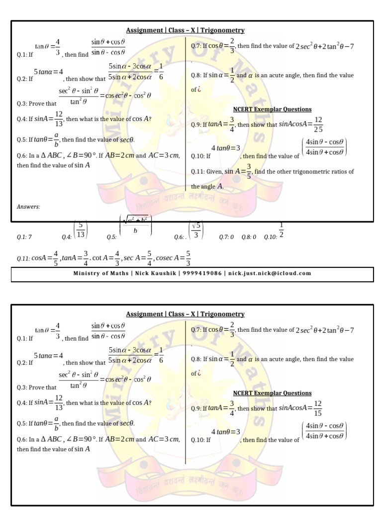 Class X Assignment Trigonometry I | PDF | Trigonometry | Trigonometric Functions