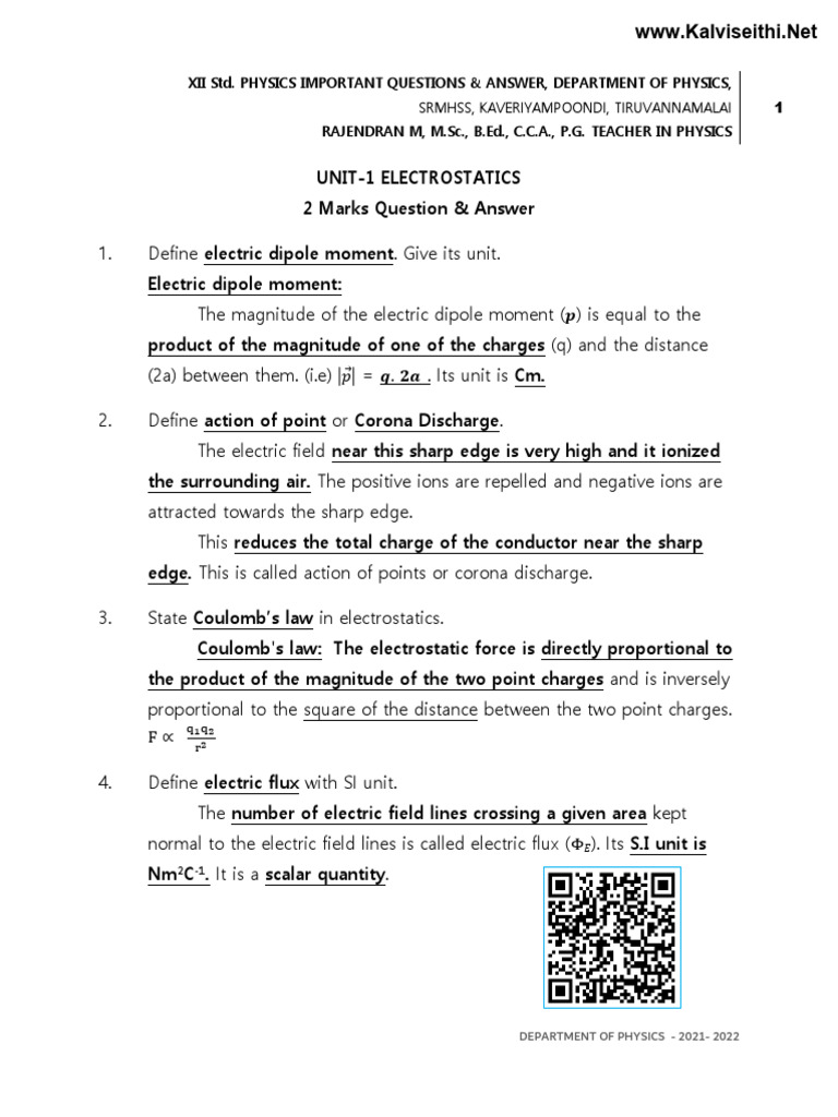 12th Physics Important Questions & Answer 2021 - 2022 | PDF | Capacitance | Capacitor