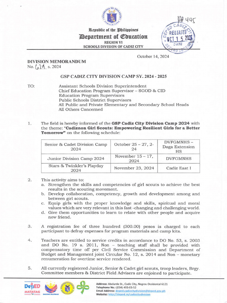 Div. Memo No. 629, S. 2024 GSP Cadiz City Divsion Camp SY 2024-2025 | PDF