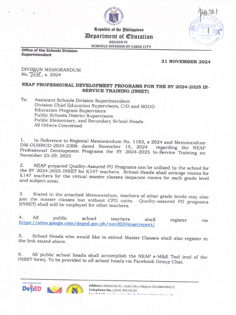 Div. Memo No. 726 S. 2024 NEAP Professional Development Programs For ...
