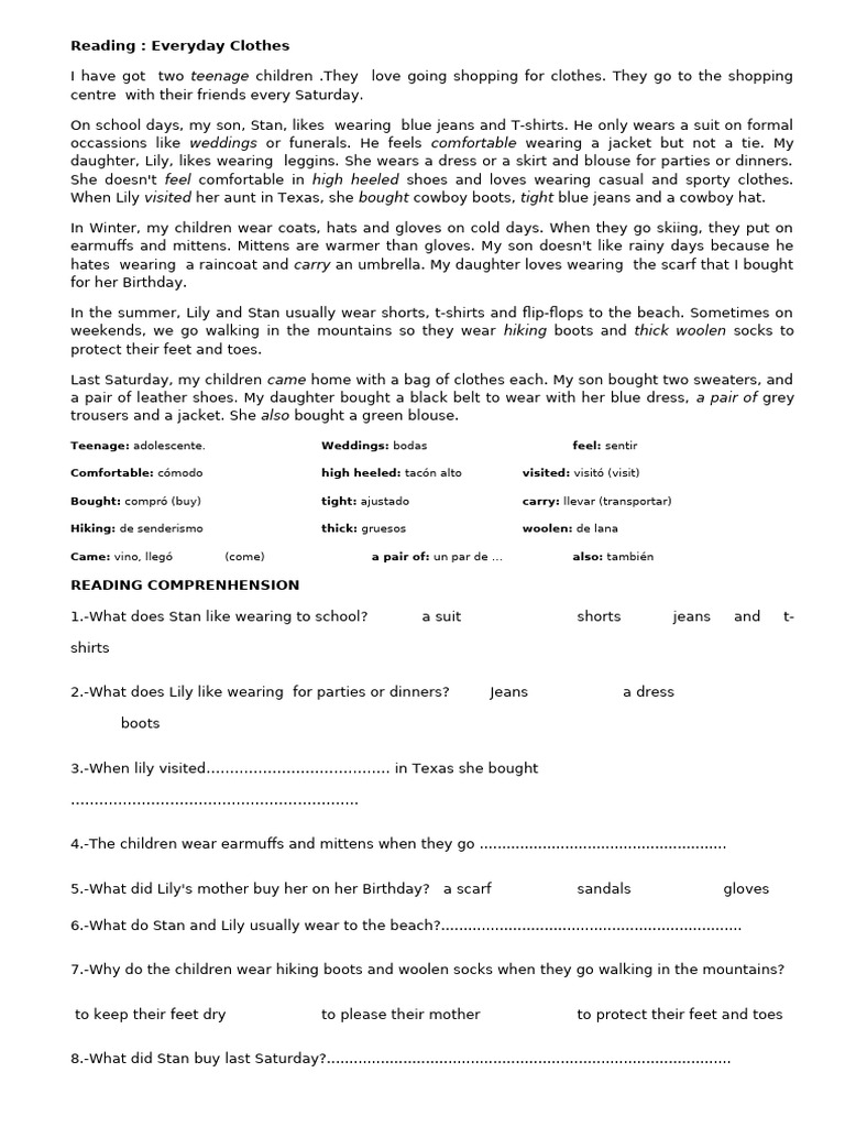 Everyday Clothes Reading Comprehension Exercises - 93289 | PDF | Shoe ...