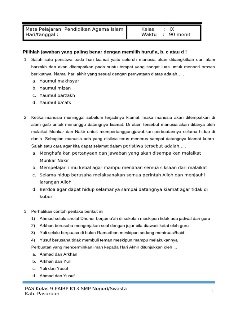 Soal PAS kls 9 th 2023-2024 | PDF