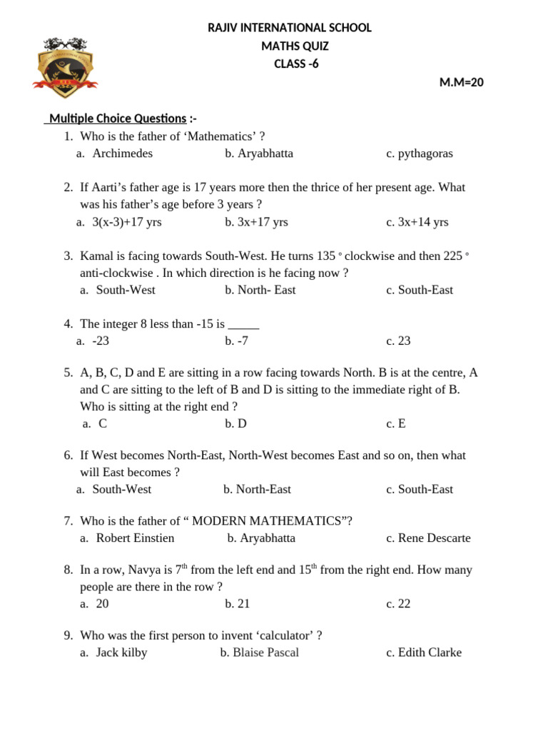 Class 6 Maths Quiz Questions & Answers | PDF | Integer | Numbers