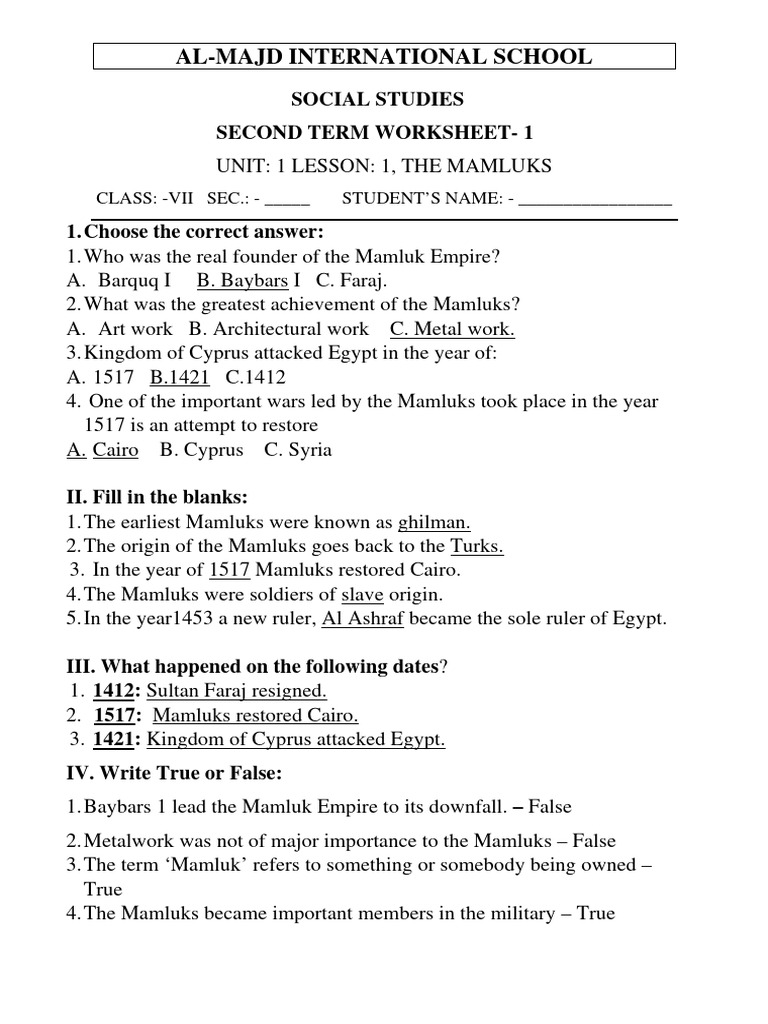 2nd Term Worksheet-1 Ans Key Unit-1 Ls-1 Mamluks | PDF