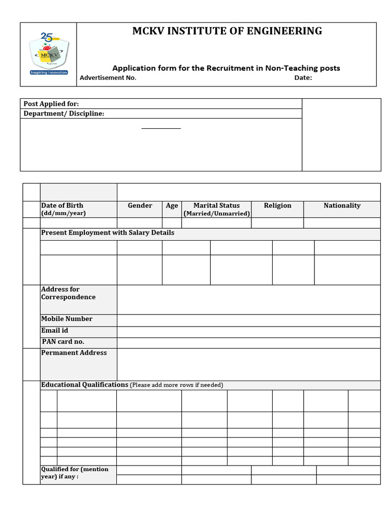 Application Form For Non Teaching Staff Recruitment | PDF