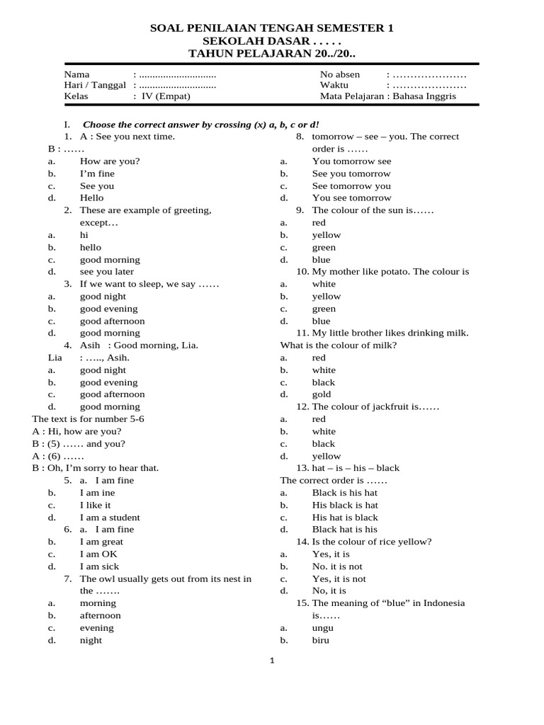 1Soal PTS Bahasa Inggris Kelas 4 Semester 1 | PDF