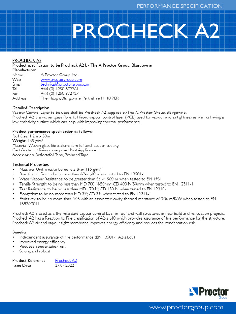 Proctors Procheck A2 Datasheet Performance Specification | PDF