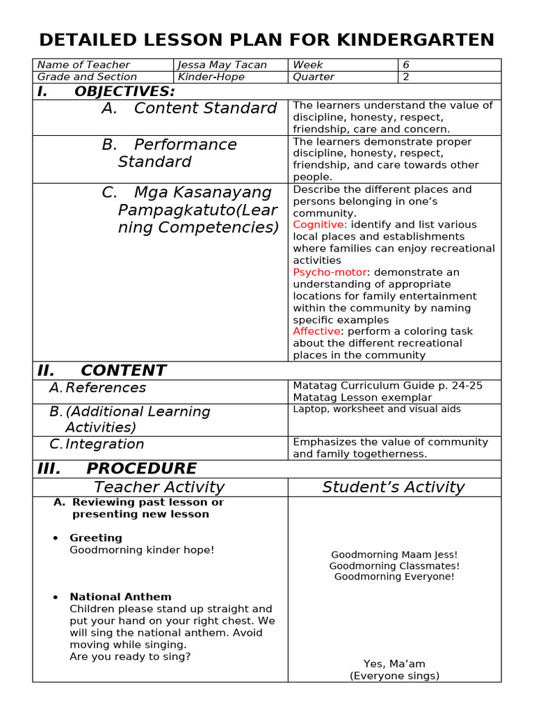 Week6-Detailed Lesson Plan For Kindergarten | PDF