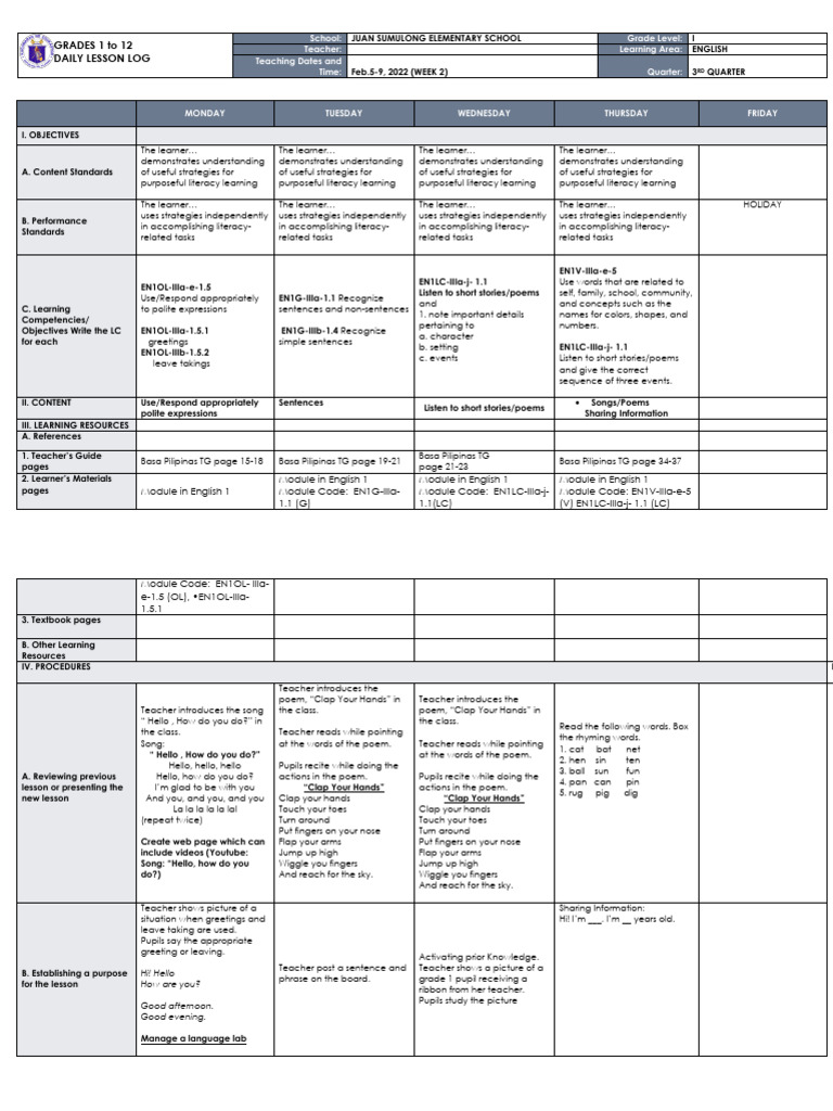 Dll English q3 Week2 | PDF | Literacy | Learning Dll English q3 Week2 | PDF | Literacy | Learning