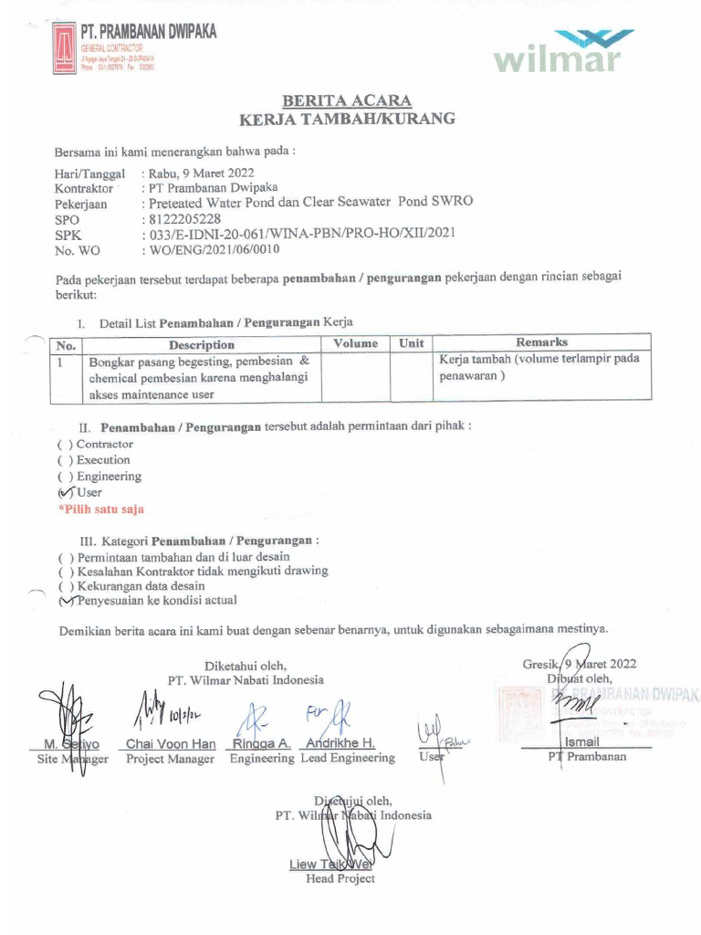 Ba - 02 Swro PTPD Iii 2022 (Bongkar Pasang Begesting, Pembesian Dan Chemical Pembesian) | PDF