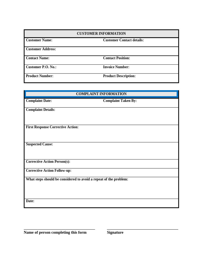 Customer Complaint Form Template | PDF