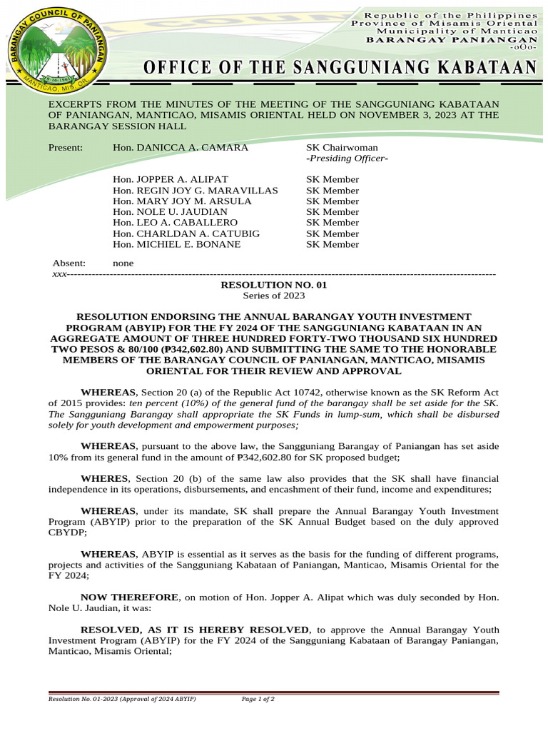 SK Resolution No. 01-2023 (Approving ABYIP2024) | PDF | Government