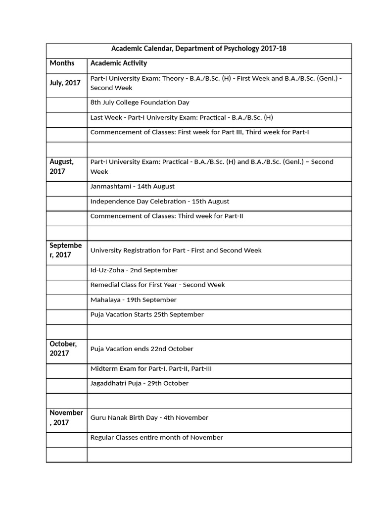 Psychology Department Academic Calendar 2017-18 | PDF | Hindu Worship