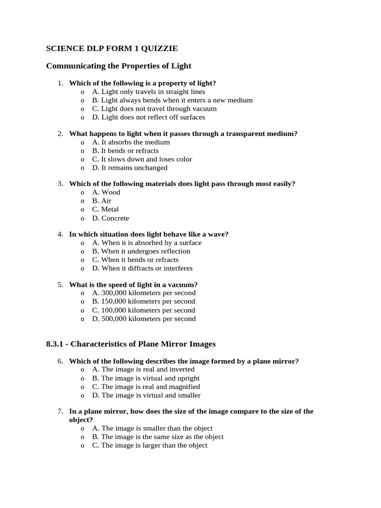 Science DLP Form 2 Quizzie 1 | PDF | Reflection (Physics) | Refraction