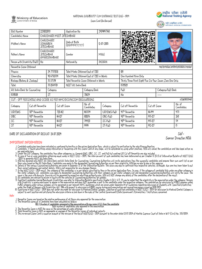 NEET (UG) 2024 Score Card Details | PDF | Student Assessment And ...