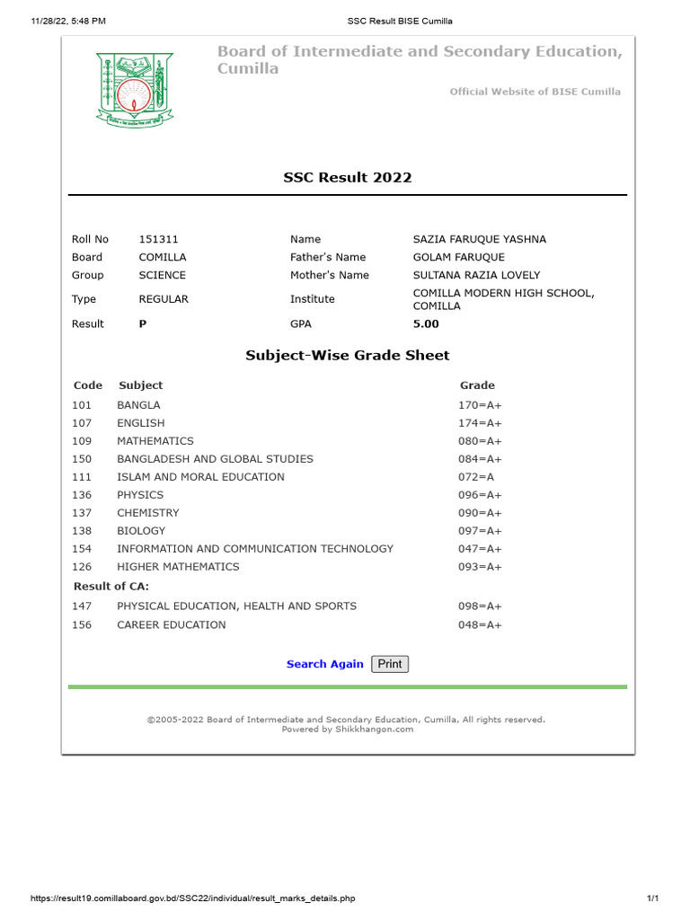 SSC Result 2022: BISE Cumilla | PDF | Secondary Education | Educational ...