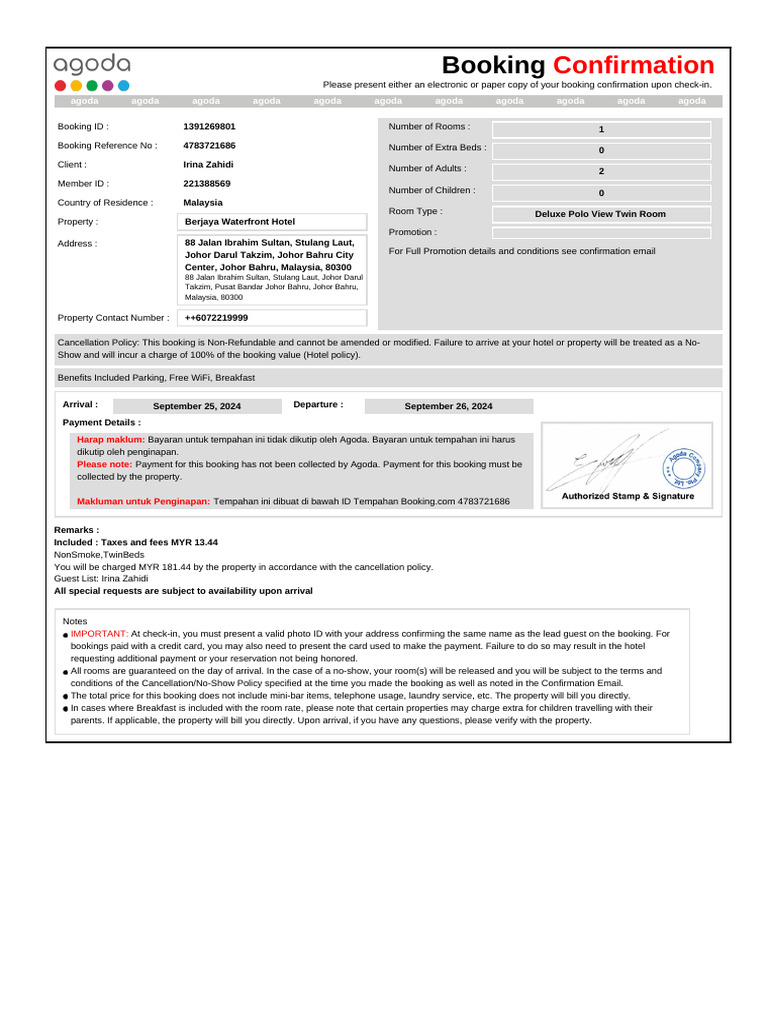 Confirmation_for_Booking_ID_#_1391269801 | PDF | Payments