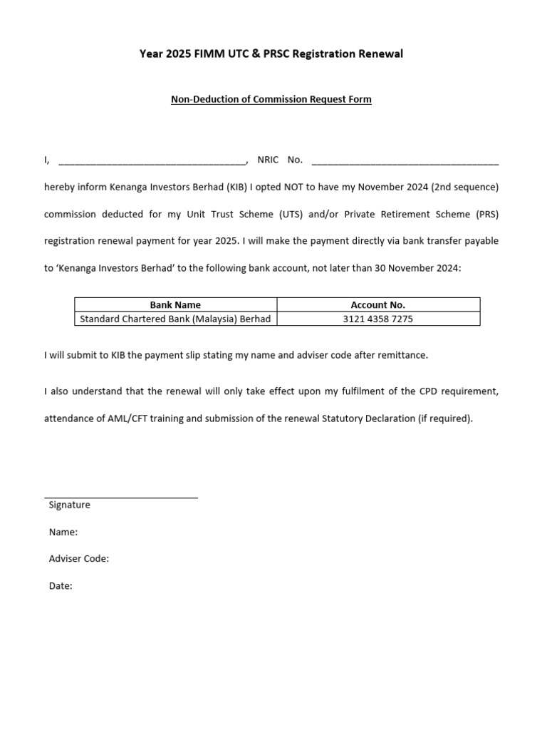 Non-Deduction of Commission Request Form For 2025 FIMM UTC & PRSC ...
