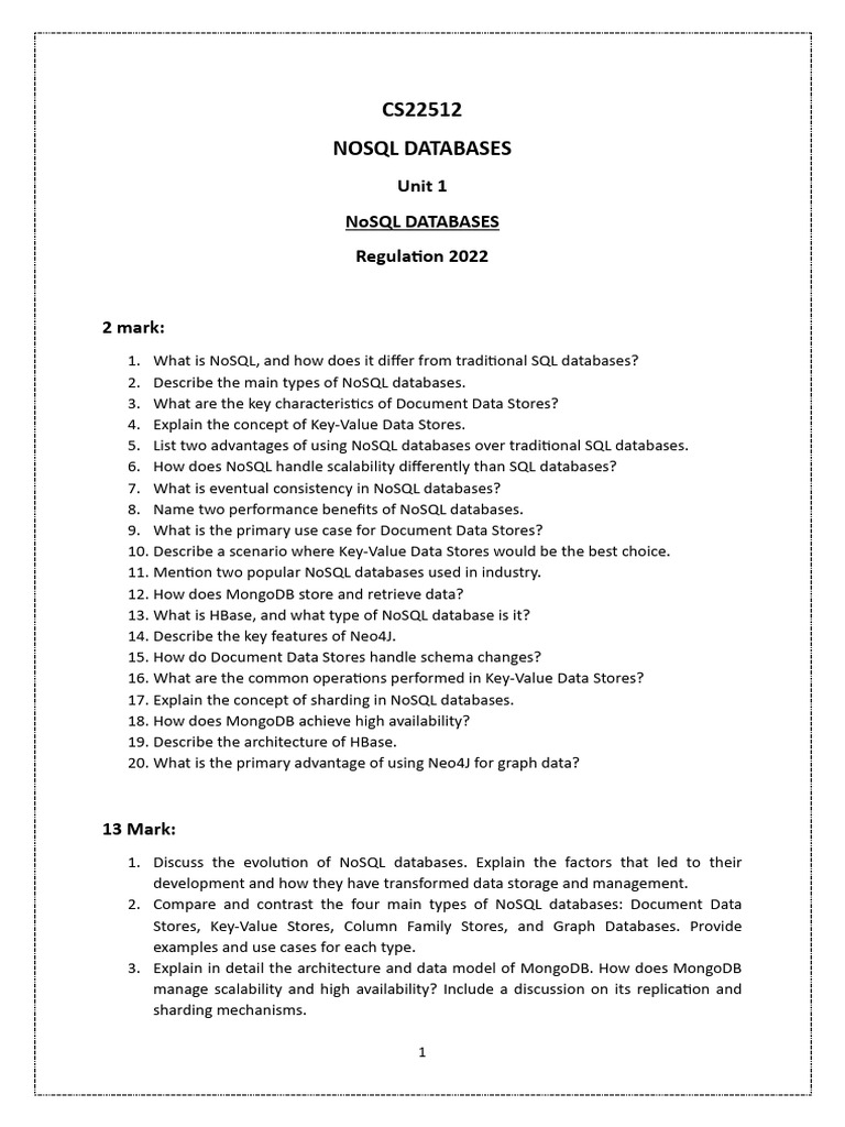CS22512 qn bank | PDF | No Sql | Databases