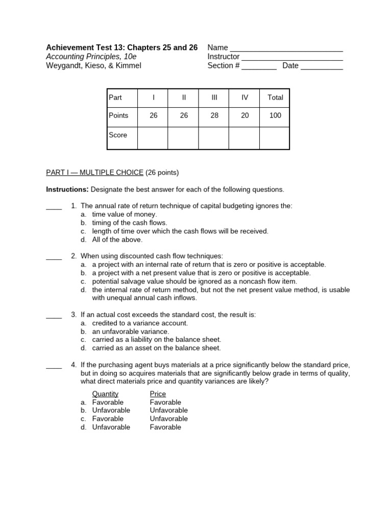 Accounting Principles Achievement Test 13 | PDF | Capital Budgeting ...