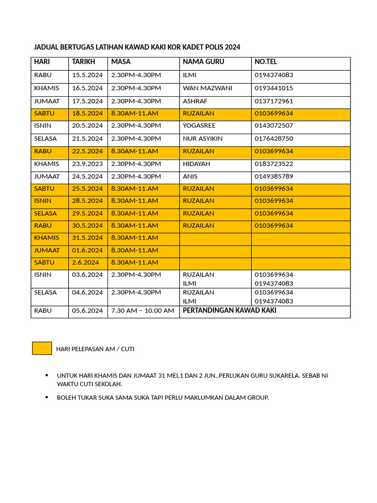 Jadual Bertugas Latihan Kawad Kaki Kor Kadet Polis 2024 | PDF