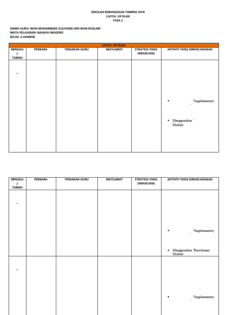 Catch Up Plan Eng 3J | PDF