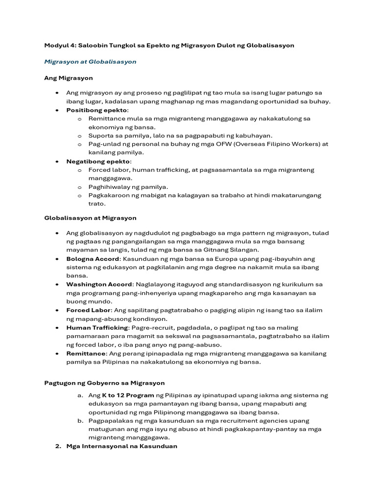 Modyul 4 Saloobin Tungkol Sa Epekto NG Migrasyon Dulot NG GL | PDF