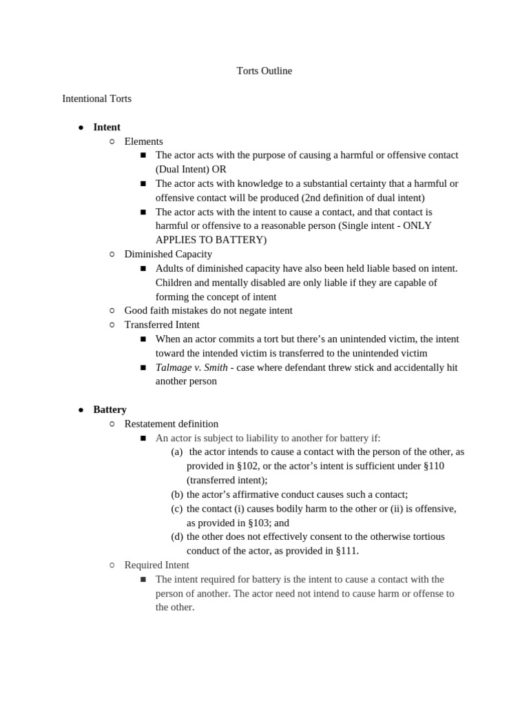 Torts Outline Intent and Battery | PDF | Tort | Common Law