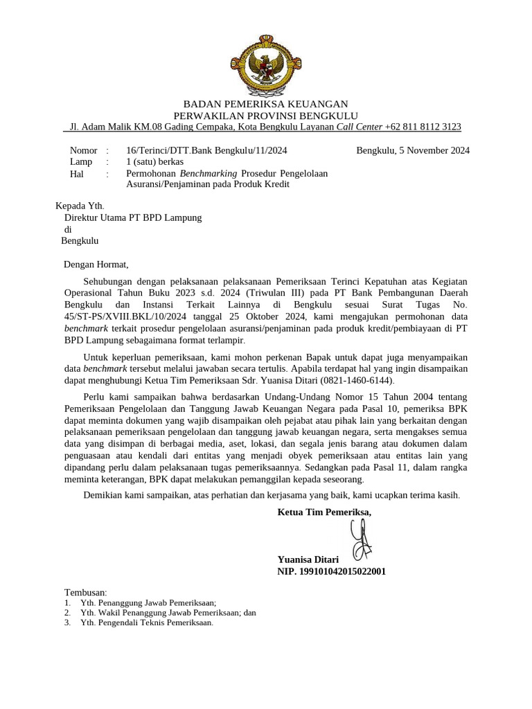 16 - Surat Permohonan Data Benchmark PT BPD Lampung | PDF