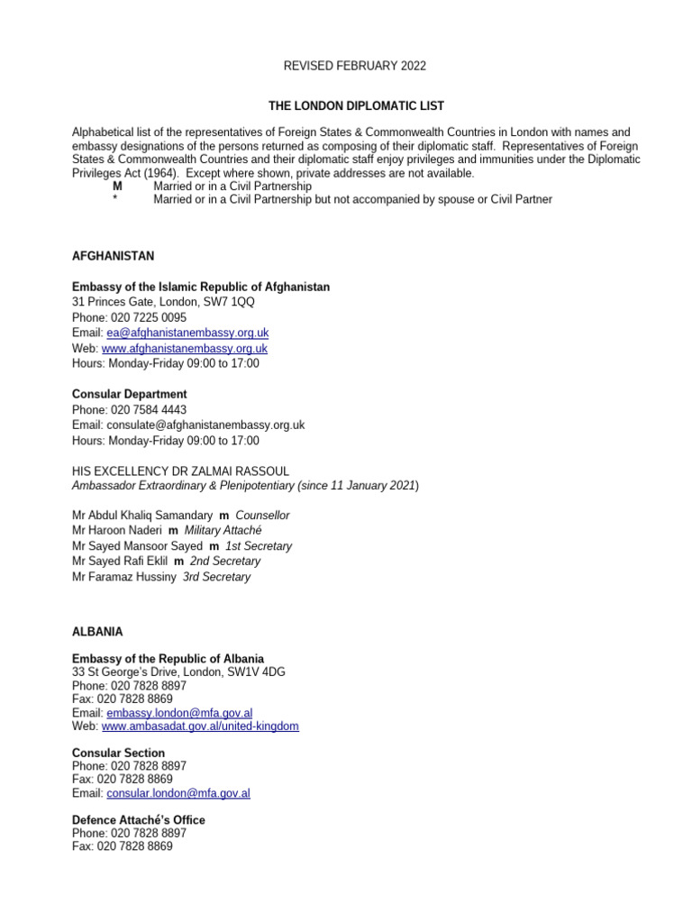 London Diplomatic List Feb2022 | PDF | Diplomatic Rank | International ...