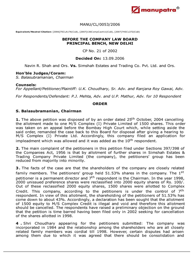 Share Allotment Dispute: Navin R. Shah vs. Simshah Estates | PDF
