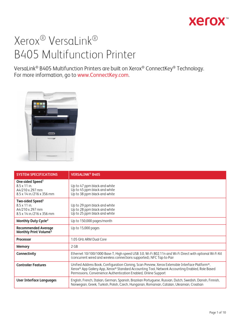 Xerox VersaLink B405 Multifunction Printer - Spec Sheet | PDF | Public ...