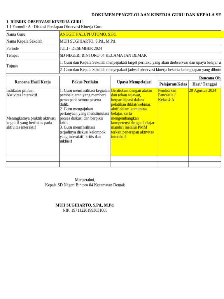 Form Observasi - Tindak Lanjut Guru PMM 2024, Periode; JULI-DeSEMBER 2024 ANGGIT | PDF