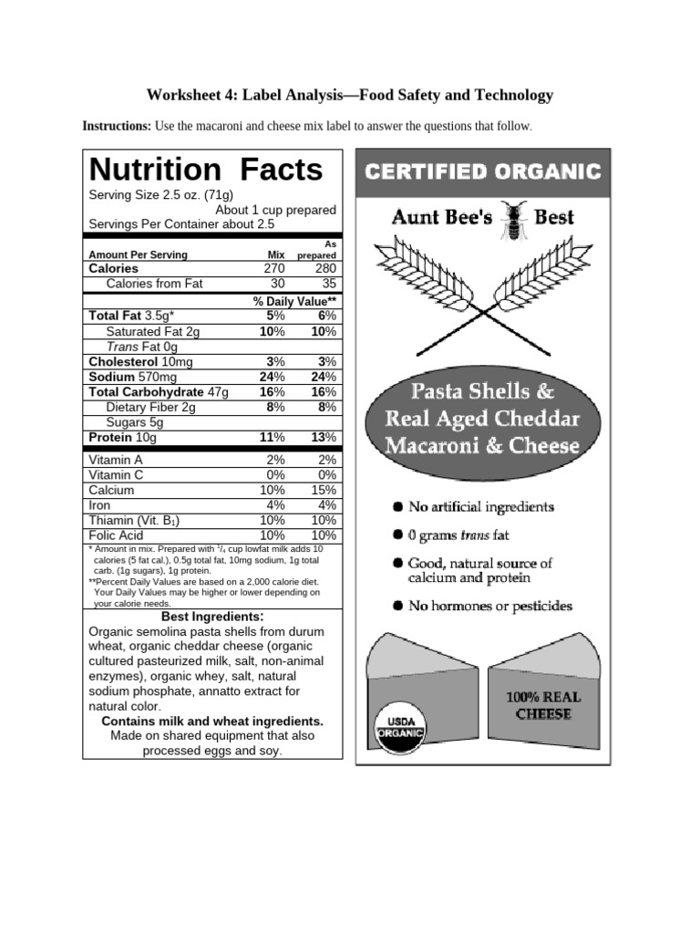 Worksheet 4 Food Label and Food Safety Fall 2020 | PDF | Fat | Milk