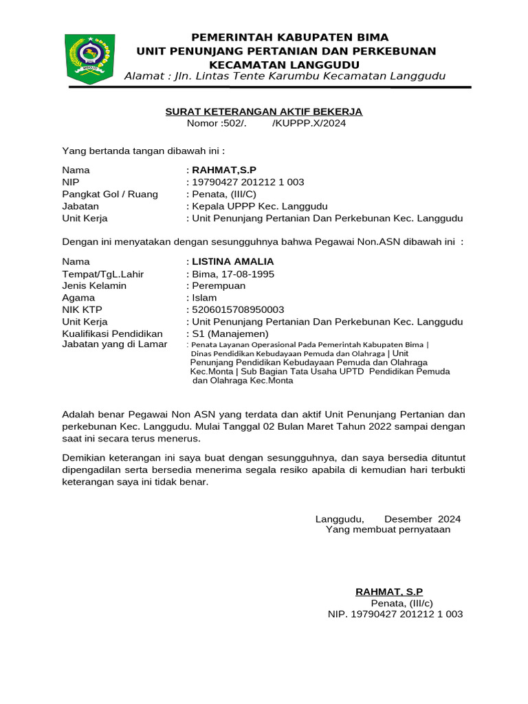 KETIKAN SURAT AKTIF BEKERJA iin dan kkd | PDF