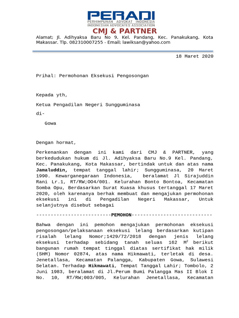 Contoh Permohonan Eksekusi Lelang | PDF