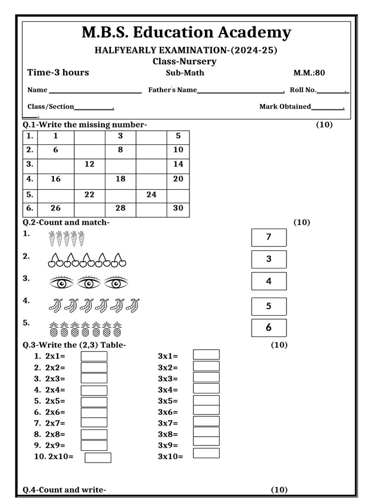Question Paper Class Nursery Math | PDF
